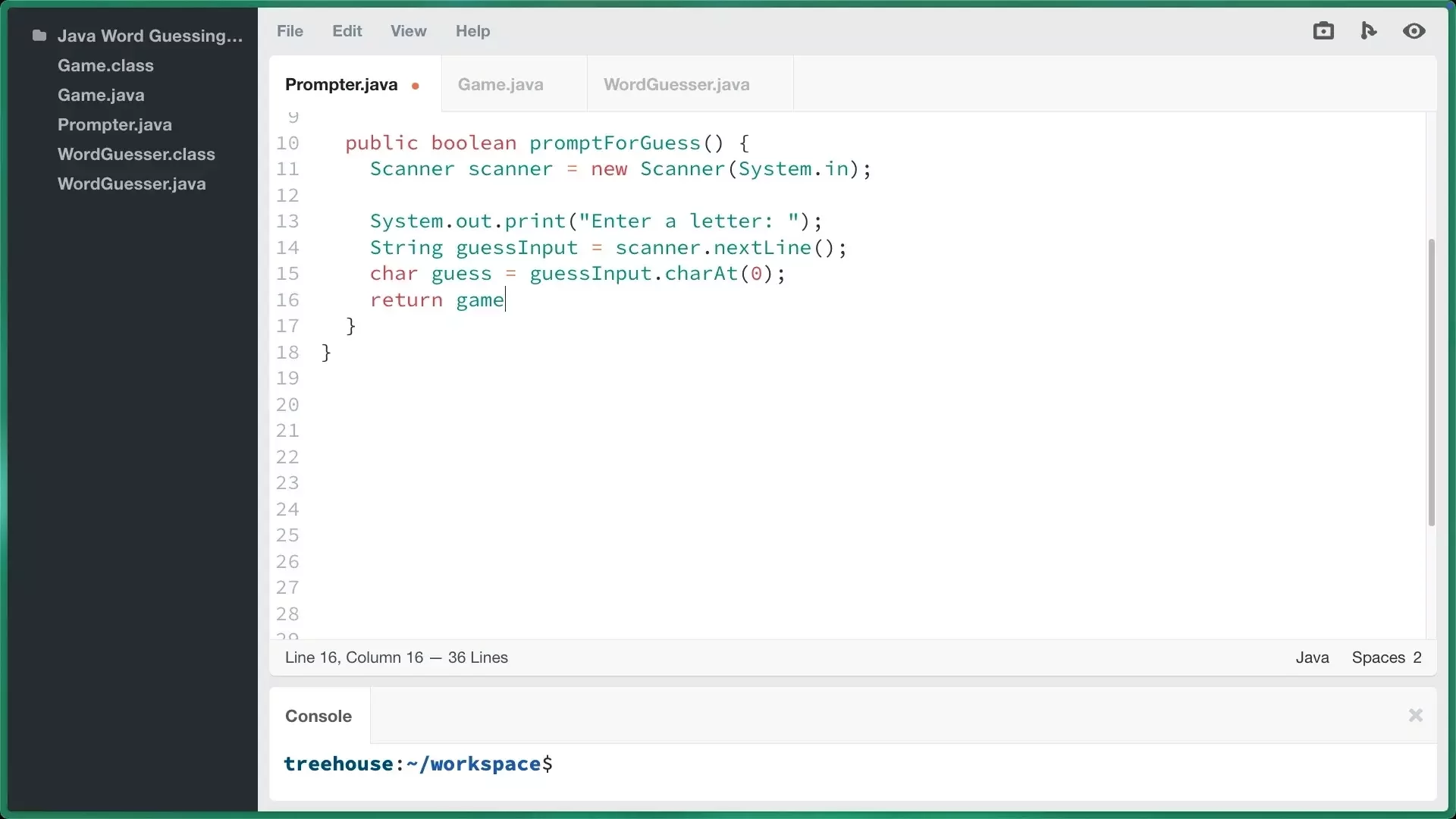 Prompting for Guesses (How To) | Practice Java Objects - Word Guessing Game | Treehouse