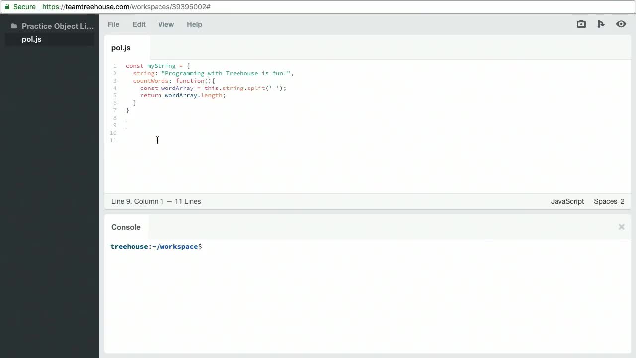 Calling A Method Solution How To Practice Object Basics In Javascript Treehouse