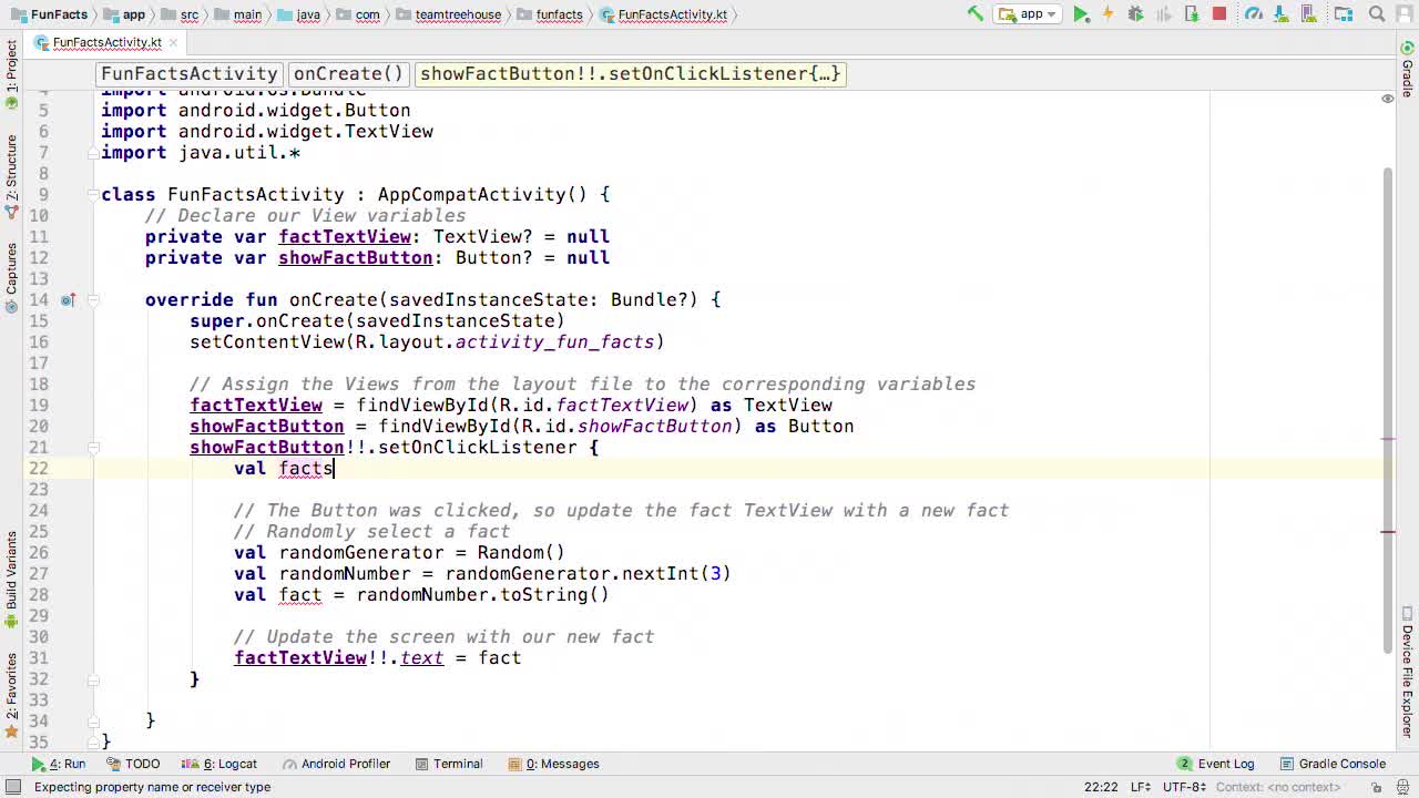 Choosing a Random Fact (How To) | Build a Simple Android App with Kotlin | Treehouse