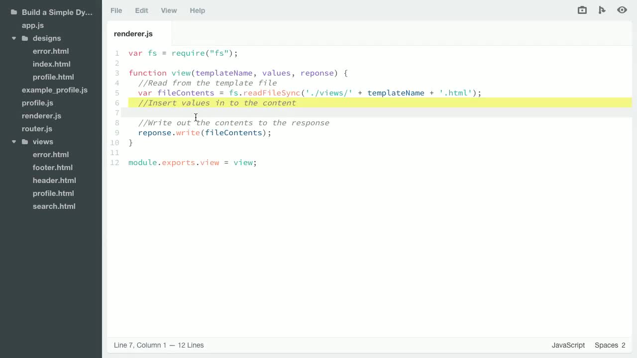 Binding Values (How To) | Build a Simple Dynamic Site with Node.js | Treehouse
