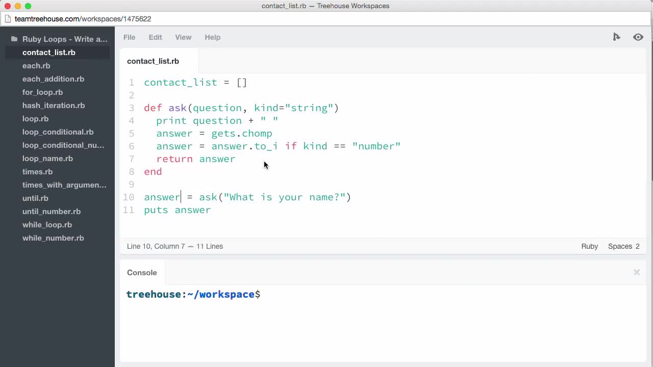 Part 2: Adding Contacts (How To) | Ruby Loops | Treehouse