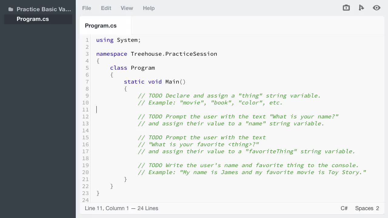 The Solution (How To) | Practice Basic Variables, Input, and Output in C# | Treehouse