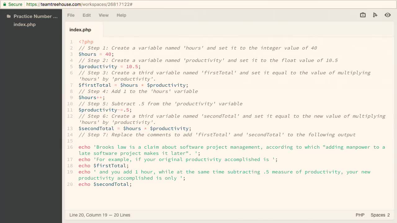 One Solution (How To) | Practice PHP Number Variables | Treehouse