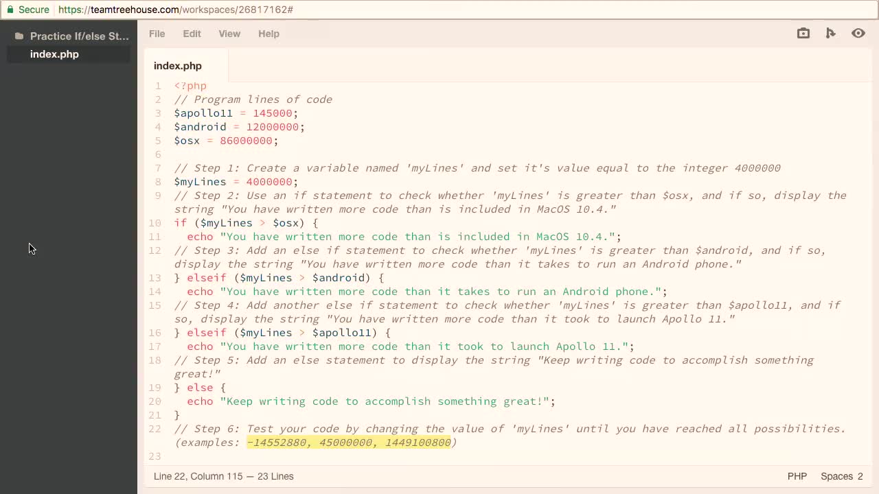 One Solution (How To) | Practice PHP if/else Statements | Treehouse