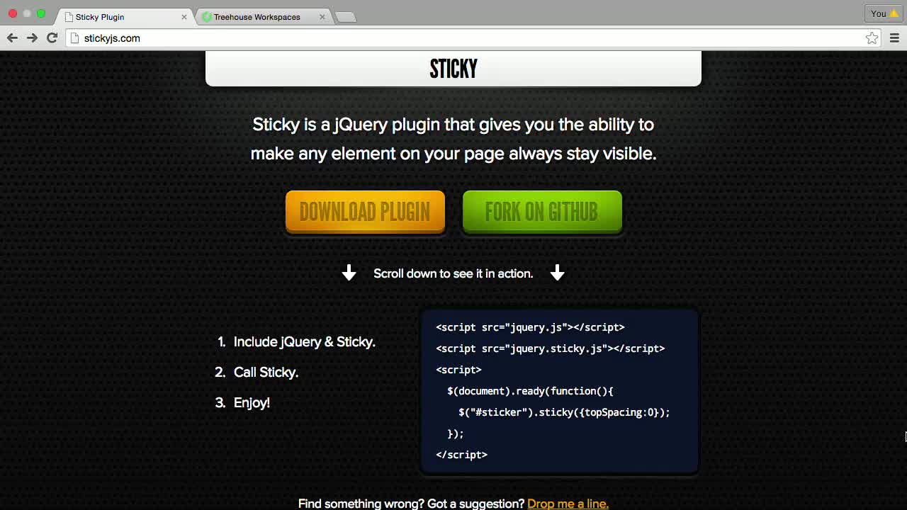 Adding Sticky Navigation (How To) | Using jQuery Plugins | Treehouse